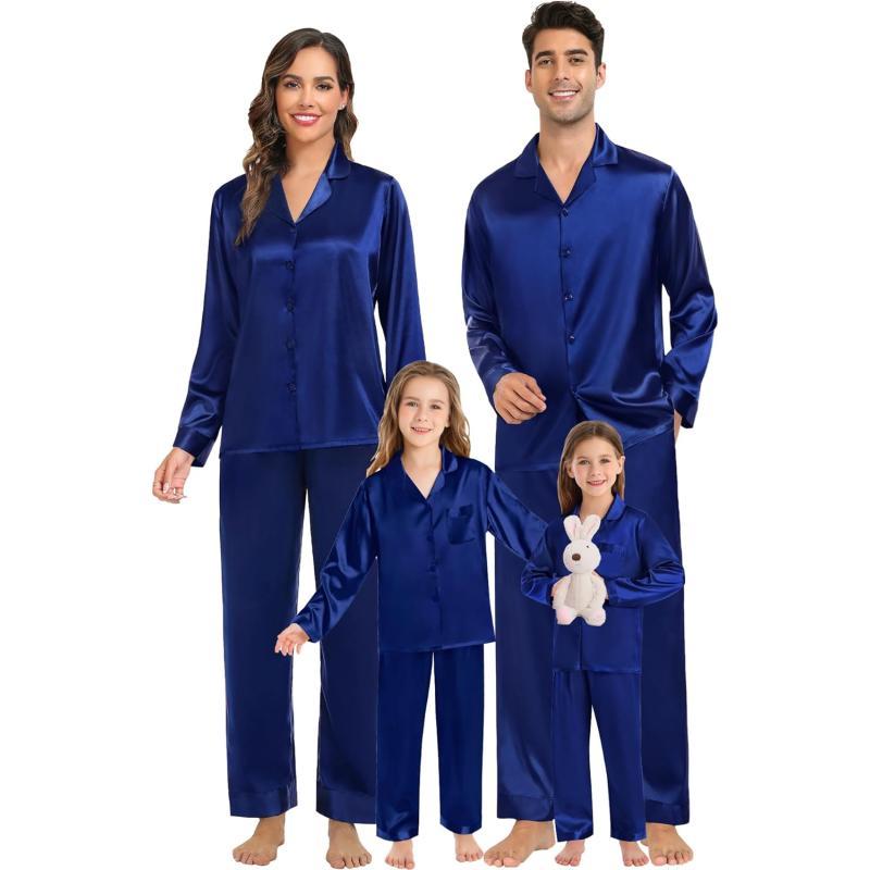 SWOMOG Family Matching Pajamas Silk Satin Long Sleeve Sleepwear Soft ...